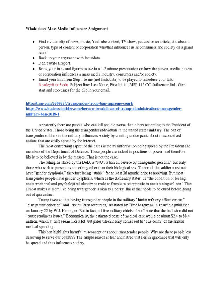 Mass Media Influencer Assignment | PDF | Transgender | LGBTQIA+ Studies Mass Media Influencer Assignment | PDF | Transgender | LGBTQIA+ Studies
