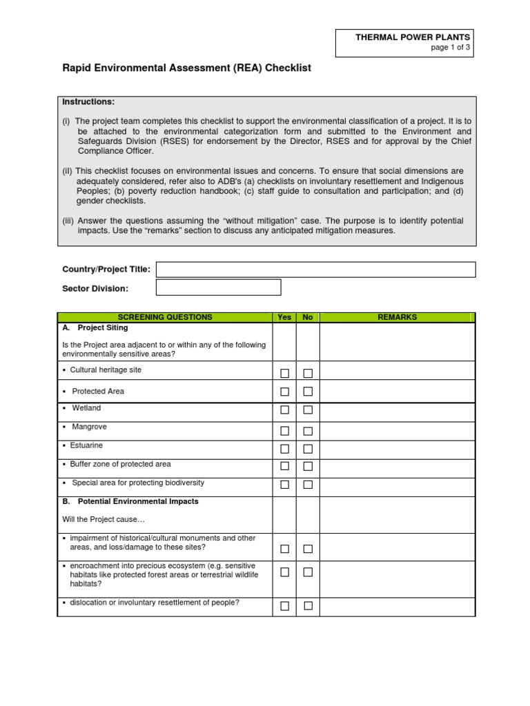 Rapid Environmental Assessment (REA) Checklist: Thermal Power Plants ...