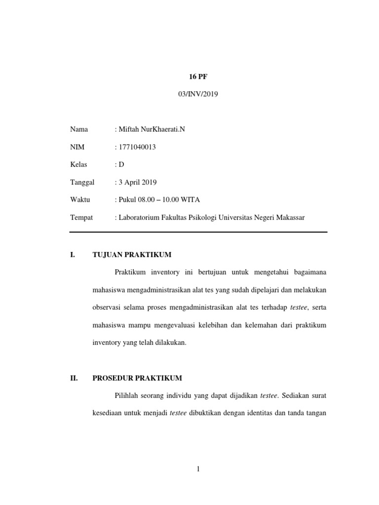 ANALYSIS OF A 16PF PRACTICUM REPORT | PDF