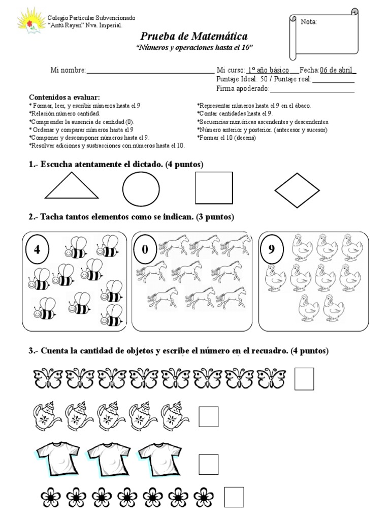 Prueba Matematica Numeros Hasta 10, 1° | PDF | Enseñanza de matemática