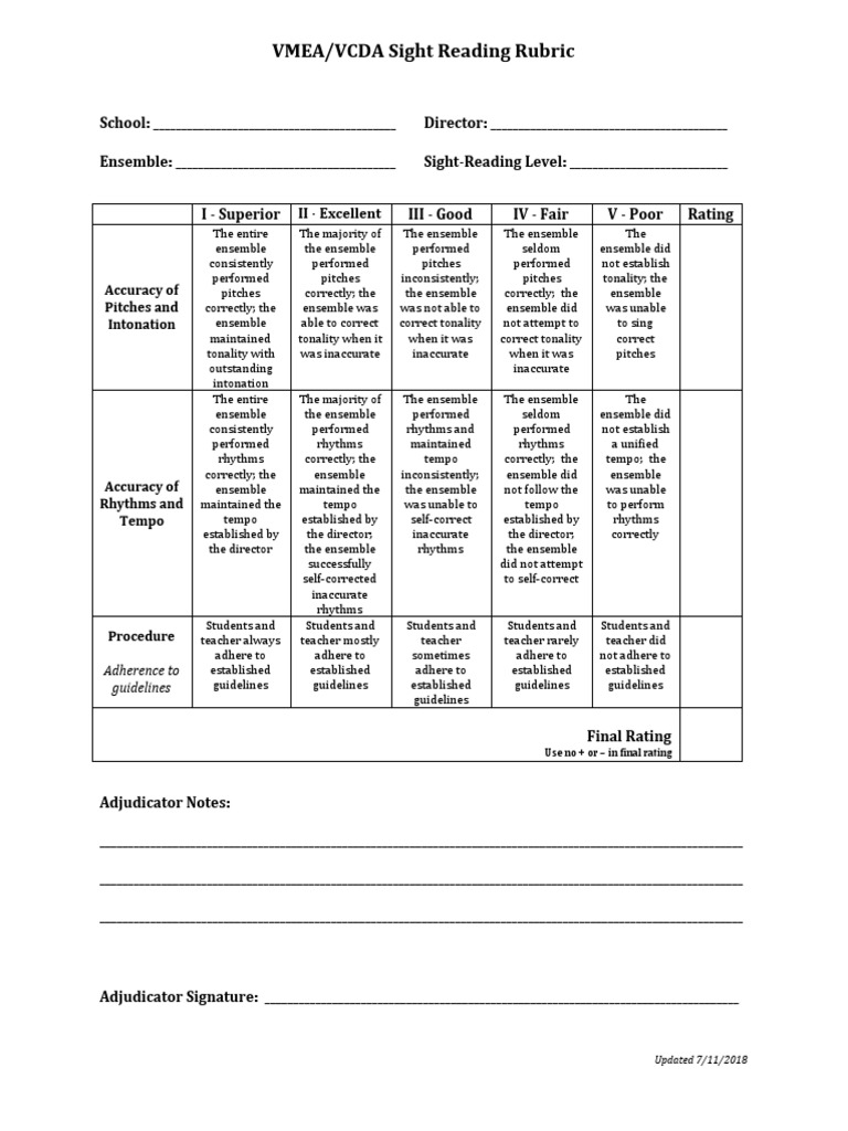 VMEA/VCDA Sight Reading Rubric | PDF | Music Theory | Behavior Modification