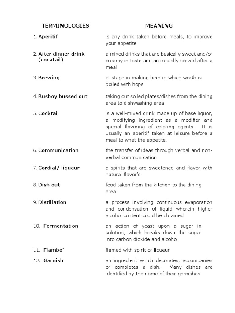 Essential Food & Beverage Terminologies | PDF | Drink | Tableware