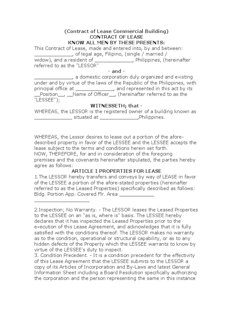 Contract of Lease Commercial Building | PDF | Assignment (Law) | Lease