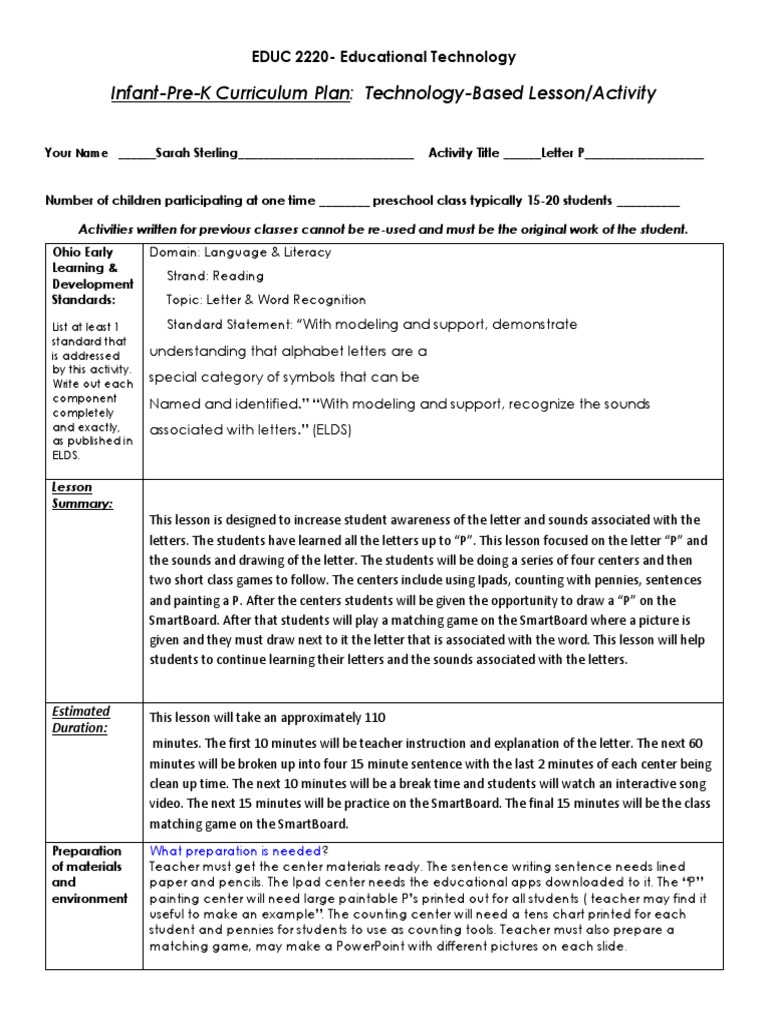 Infant-Pre-K Curriculum Plan: Technology-Based Lesson/Activity | PDF | Differentiated ...
