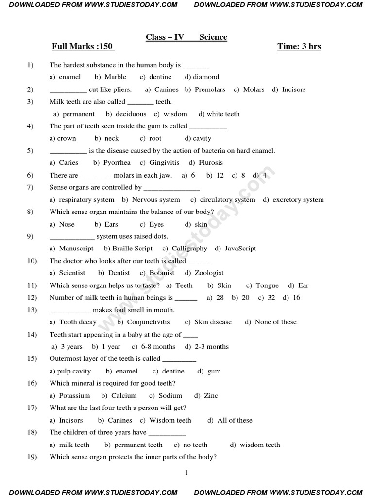 CBSE Class 4 Science Question Bank PDF | PDF | Tooth | Planets