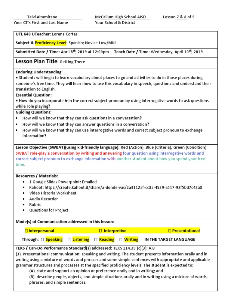 Spanish Lesson Plan: Free Time Activities | PDF | Question | Vocabulary