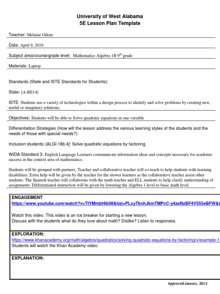 Algebra 1B Quadratic Equations Lesson Plan | PDF | Educational ...