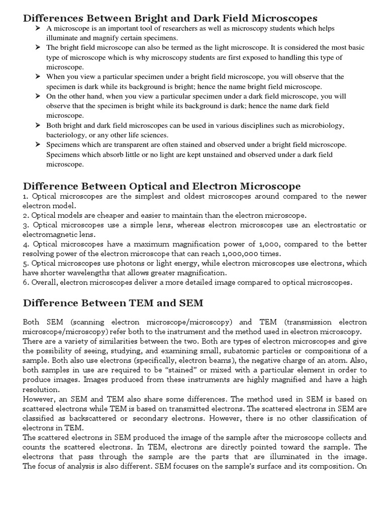 Differences Between Bright and Dark Field Microscopes | PDF ...