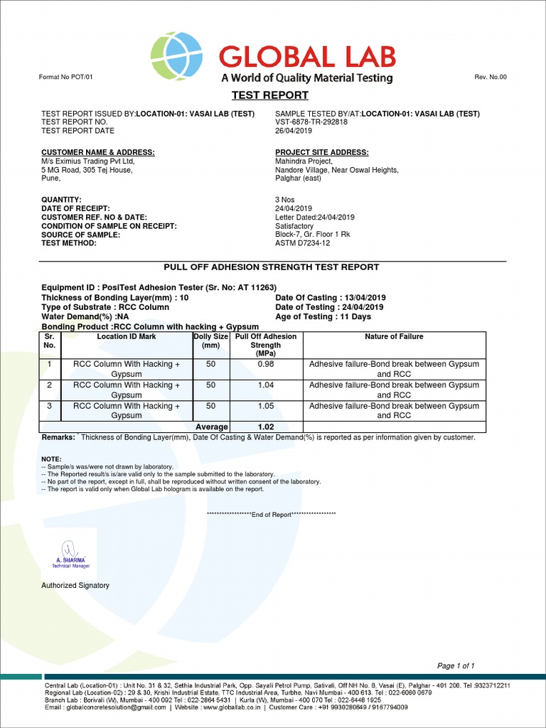 Pull Off Adhesion Strength Test Report for RCC Column with Hacking and ...