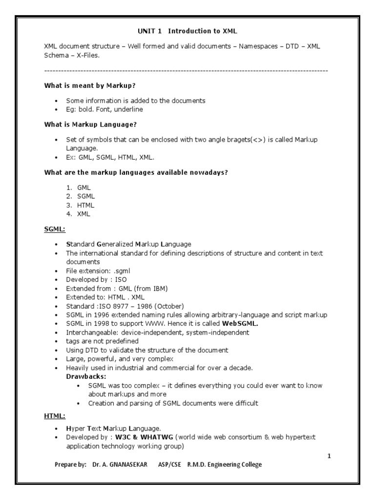 Unit 1 Introduction To Xml 1 Prepare By Dr A Gnanasekar Asp Cse R M D Engineering College