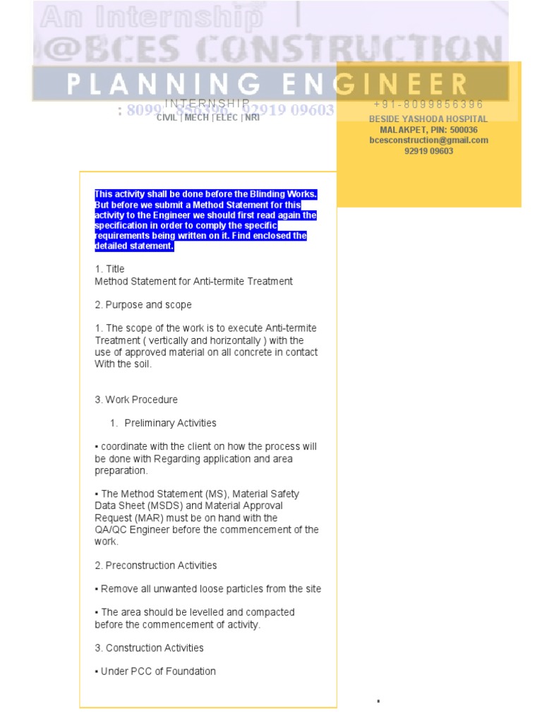 Bces - Qa QC Work Method Statement of Anti Termite Treatment | PDF ...