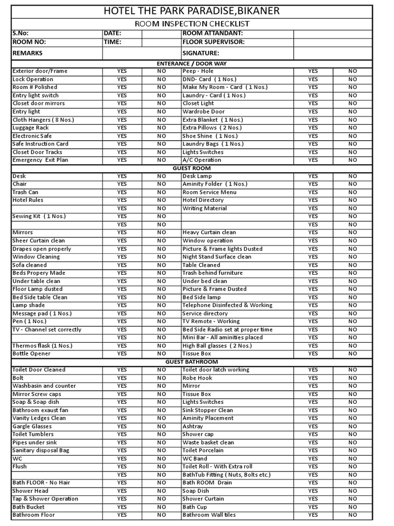 Supervisor Room Inspection Checklist | PDF | Shower | Bathroom
