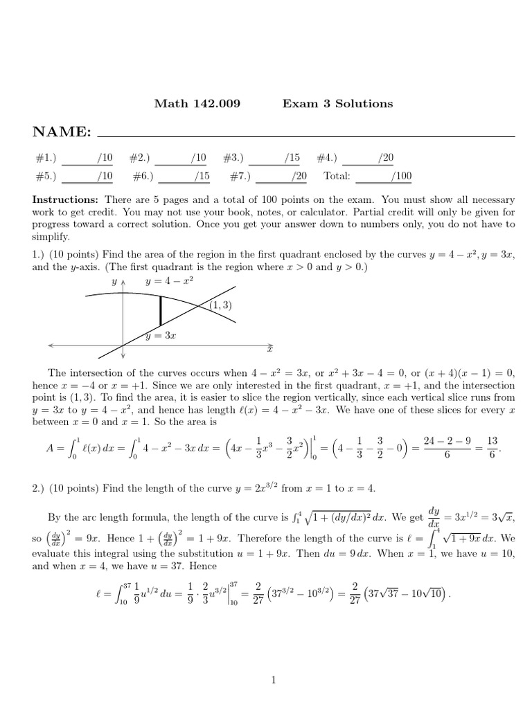 Name:: Math 142.009 Exam 3 Solutions | PDF | Area | Volume