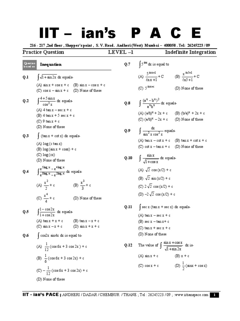 Indefinite Integration (Practice Question) | PDF | Functions And Mappings | Angle
