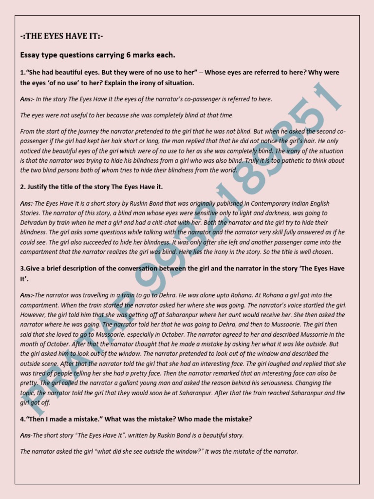 the Eyes Have It:-Essay Type Questions Carrying 6 Marks Each | PDF ...