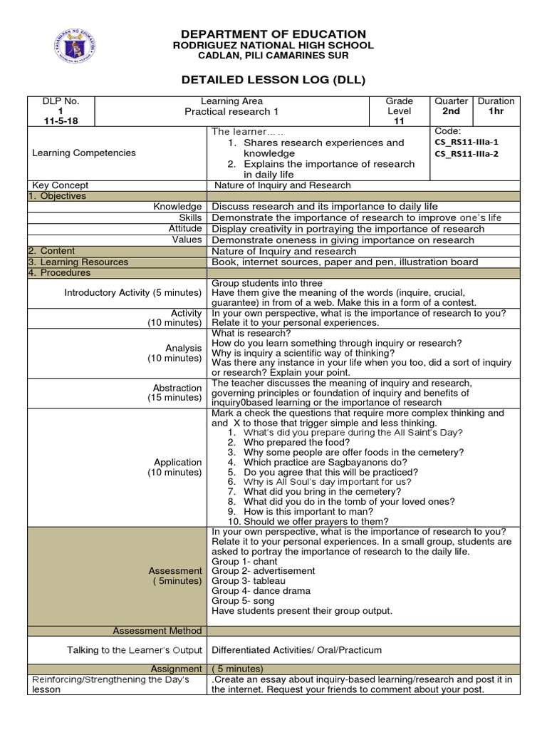 Detailed Lesson Plan Research | PDF | Inquiry | Lesson Plan