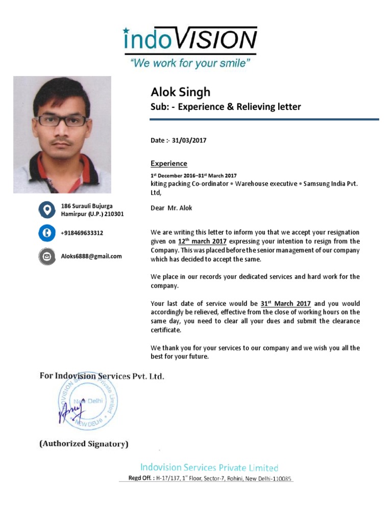 Alok Singh: Sub: - Experience & Relieving Letter | PDF