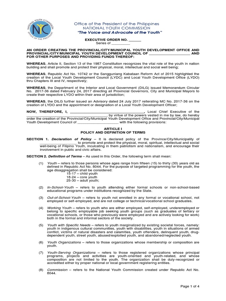 Sample Executive Order - Creation of LYDC and LYDO | PDF | President Of ...