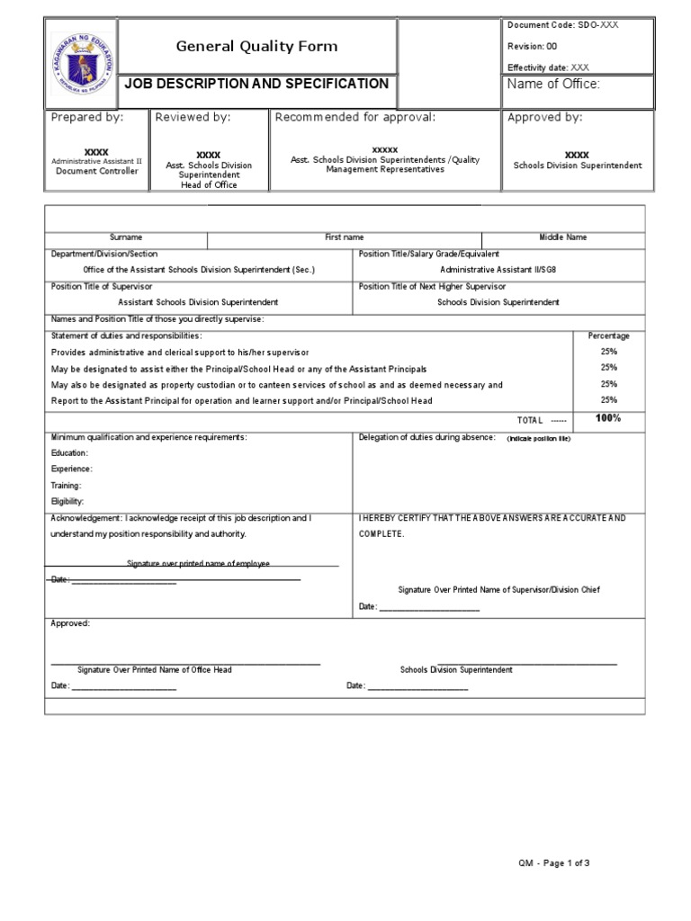 General Quality Form Job Description Template | PDF | Supervisor | Teachers