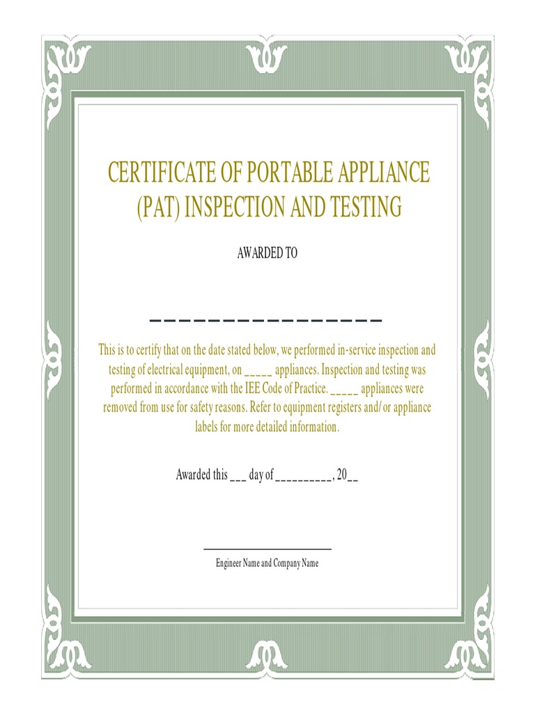 PAT certificate inspection testing electrical equipment | PDF