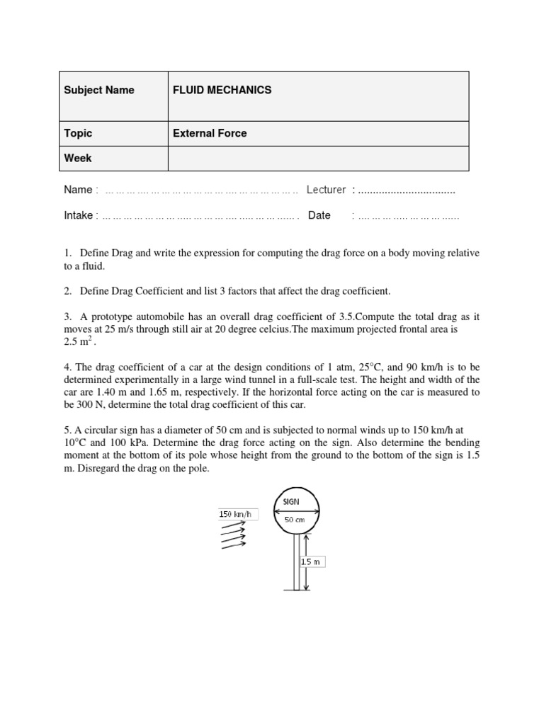 TUTORIAL 4 - Drag Force | PDF | Drag (Physics) | Fluid Dynamics