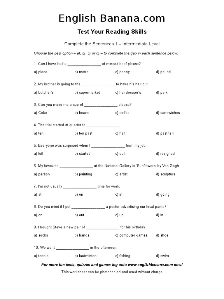 Complete The Sentences Intermediate Level 1 | PDF