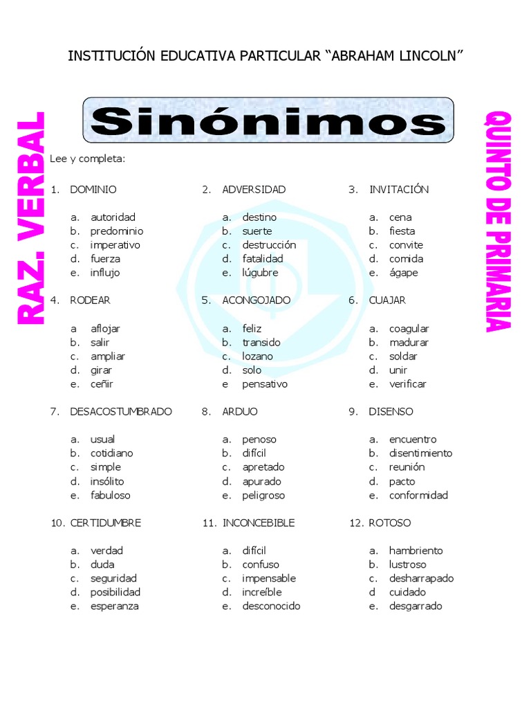 Sinónimos Ejercicios para Quinto de Primaria