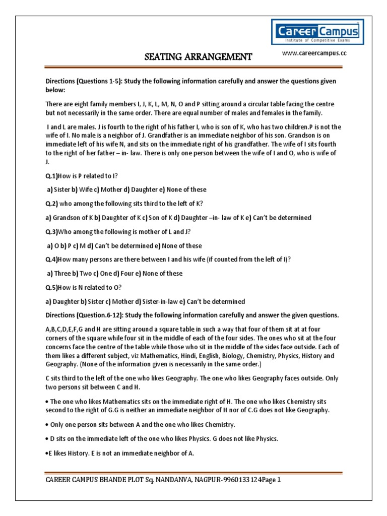 Seating Arrangement Sheet 1 | PDF