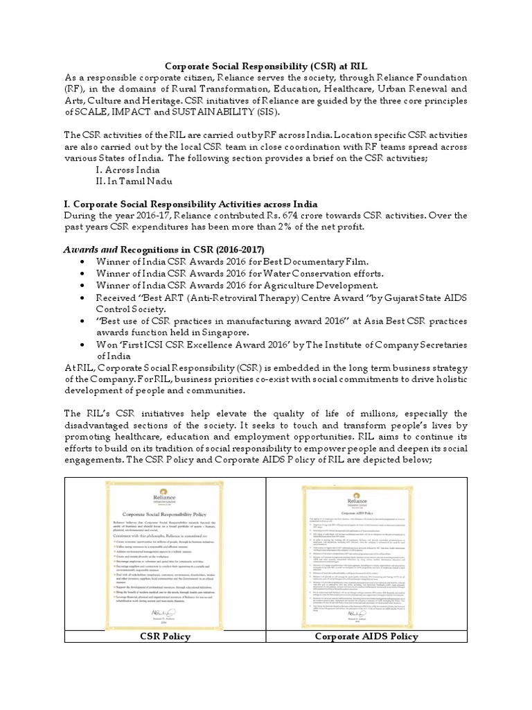 RIL's CSR Impact and Initiatives | PDF | Corporate Social ...