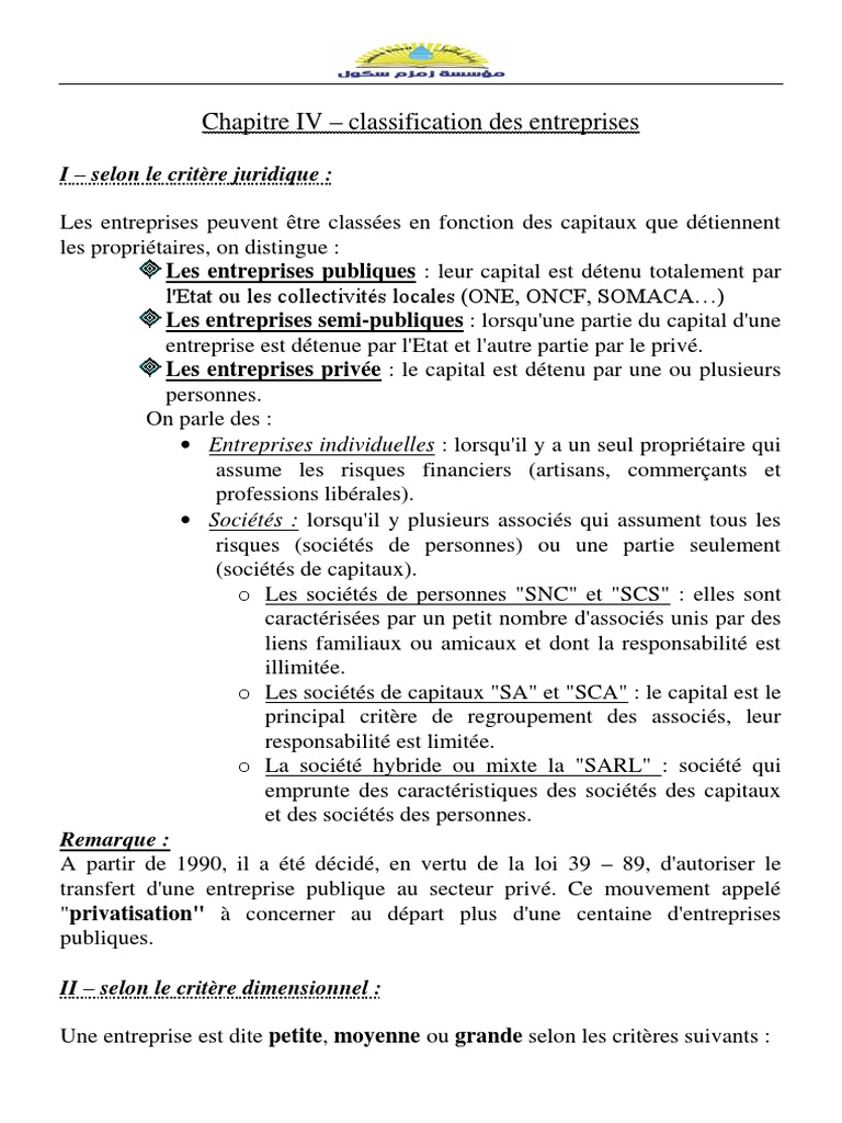 Chapitre IV Classification Des Entreprises | PDF | Entreprise ...