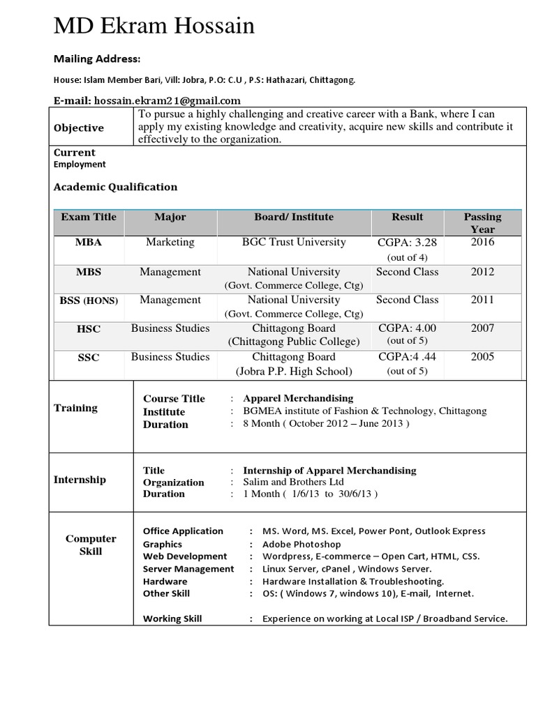 CV For One Bank of MD Ekram Hossain | PDF | Cyberspace | Digital Technology