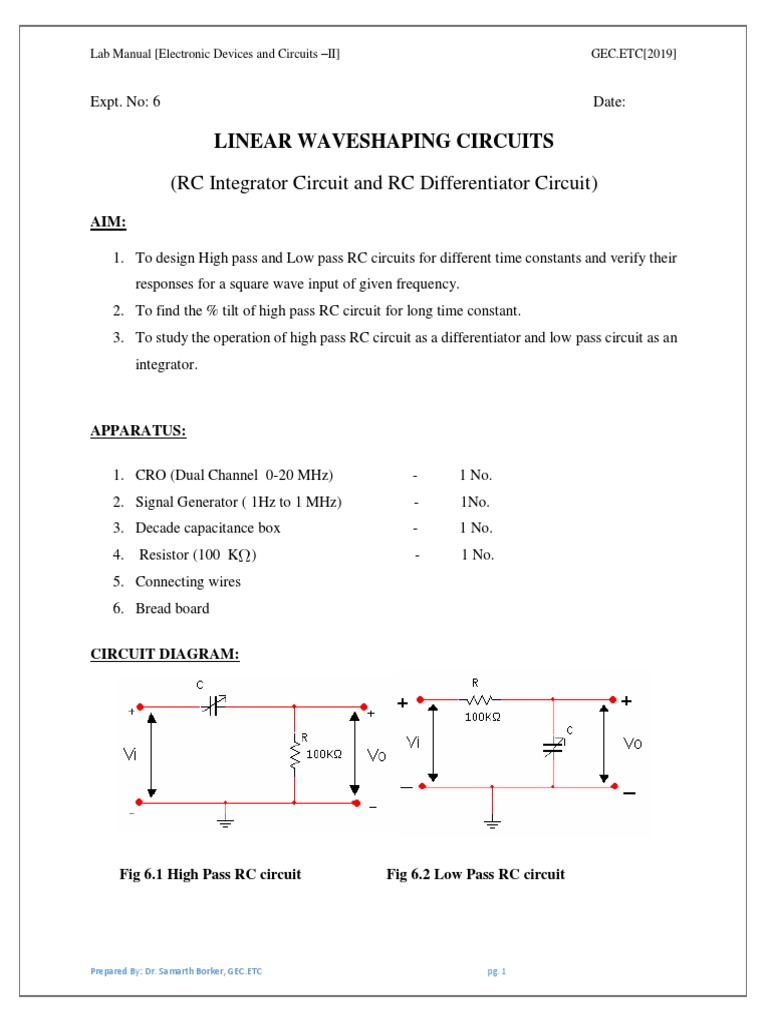 Expt - 6: Linear Waveshaping Circuits | PDF | Low Pass Filter | Capacitor