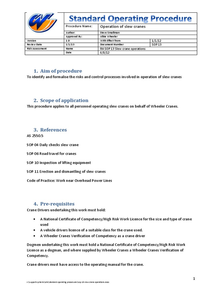 SOP 13 Slew Crane Operations | PDF | Crane (Machine) | Elevator