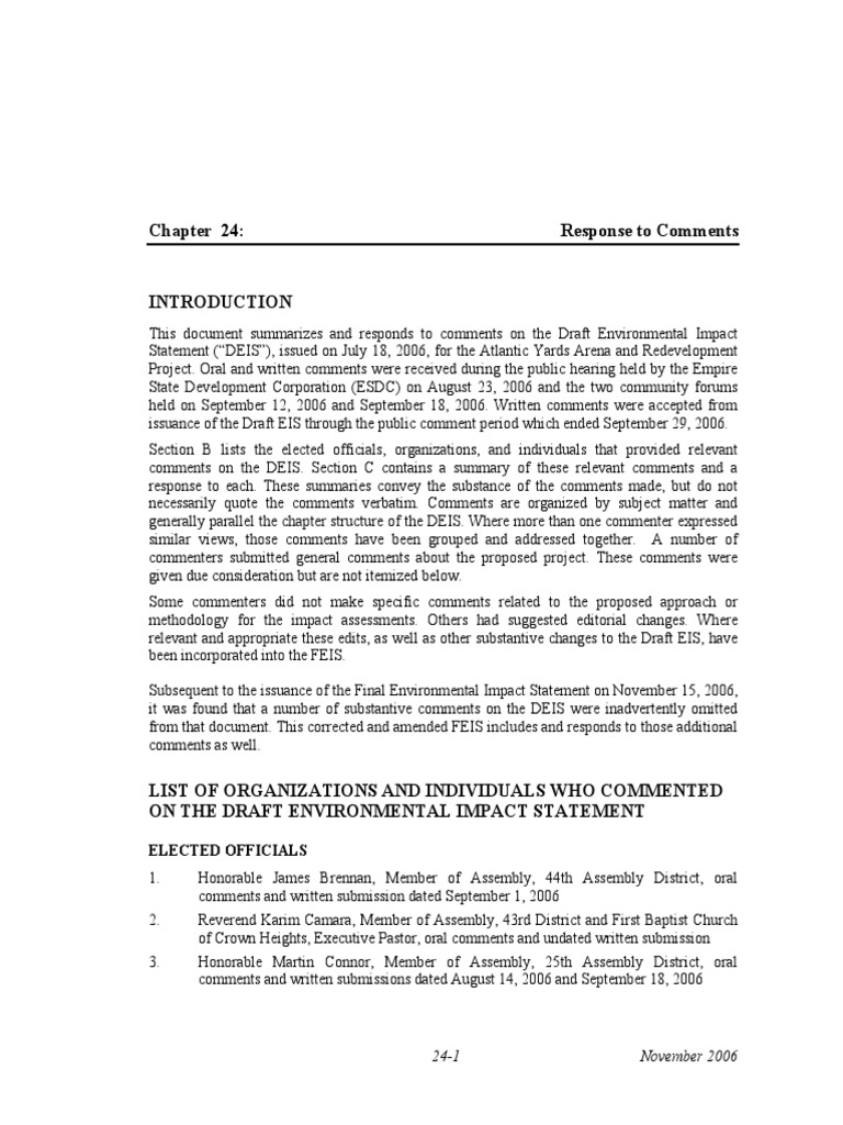 Atlantic Yards Final EIS 2006, Response To Comments, Part 1 | PDF | Environmental Impact ...