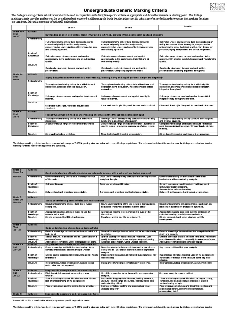 Marking Criteria, Undergraduate | PDF | Critical Thinking | Understanding