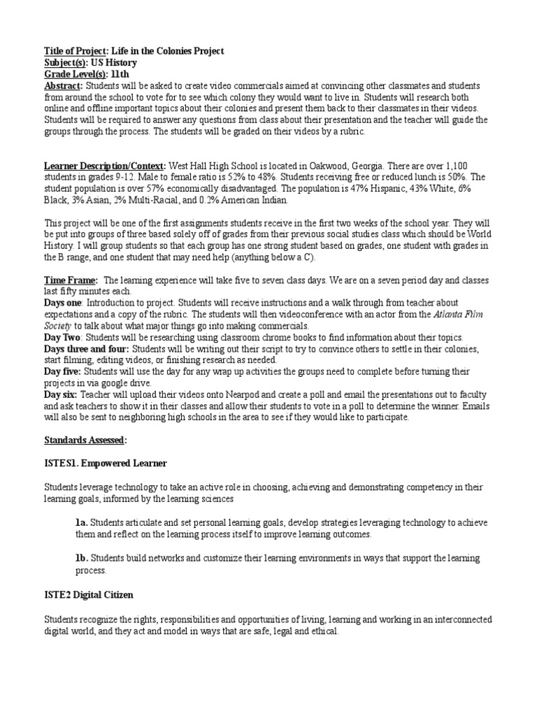 Life in the Colonies Video Project | PDF | New England | Rubric (Academic)