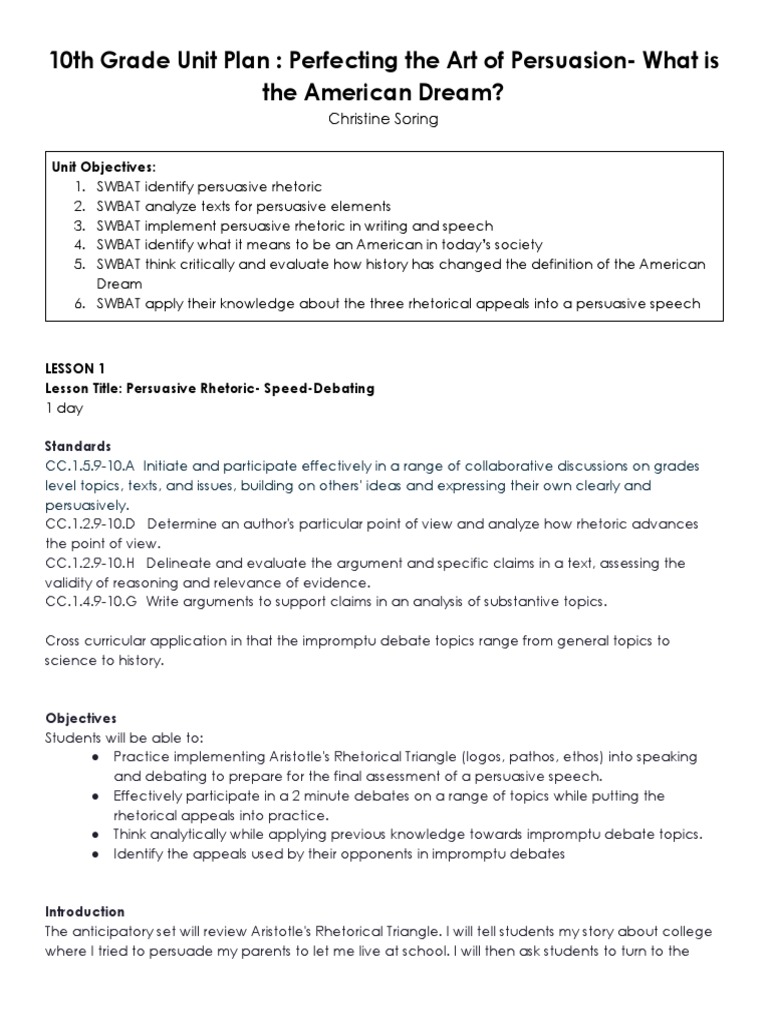 10th Grade Unit Plan: Perfecting The Art of Persuasion-What Is The ...