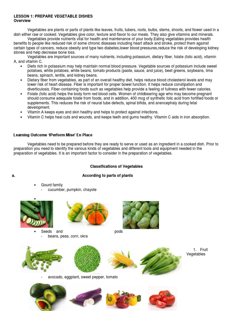 LESSON 1 PREPARE VEGETABLE DISHES Overvi | PDF | Vegetables | Dietary Fiber