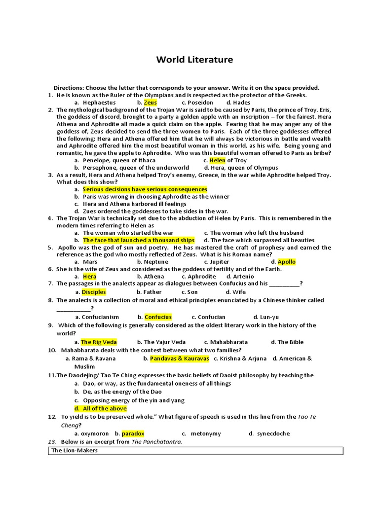 For Board Exam World Lit | PDF | Trojan War | Hera