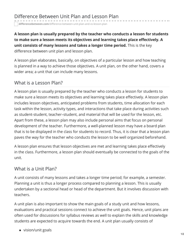 Unit Plan vs Lesson Plan Explained | PDF | Lesson Plan | Education Theory
