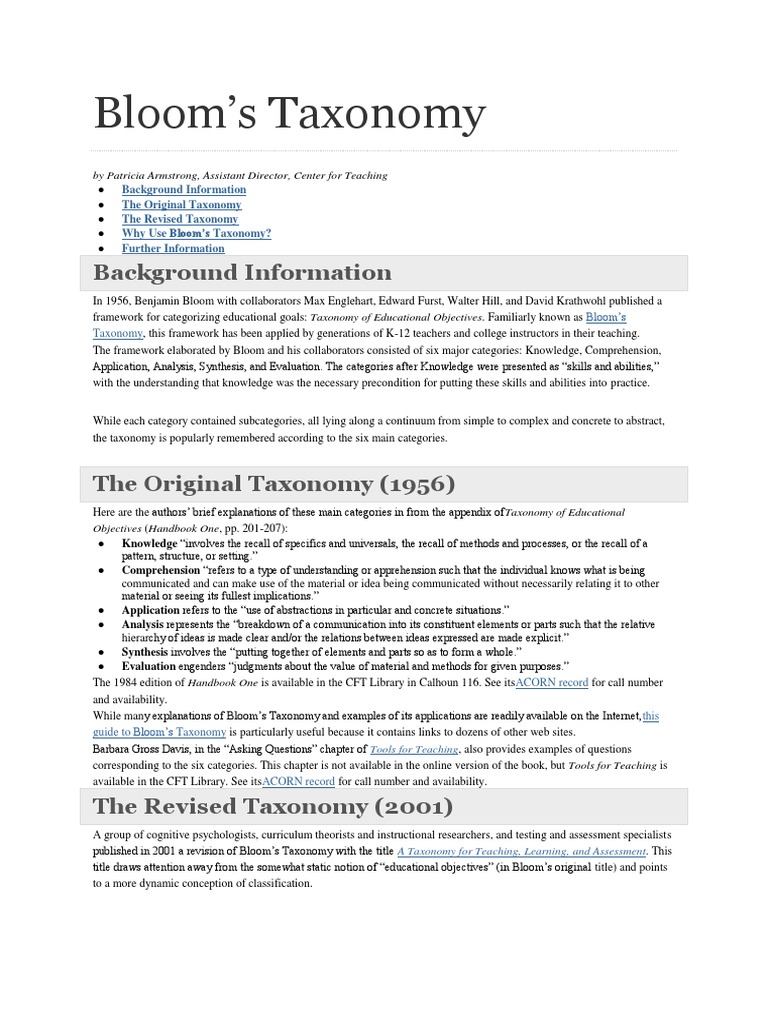 Bloom's Taxonomy: Background Information | Download Free PDF ...