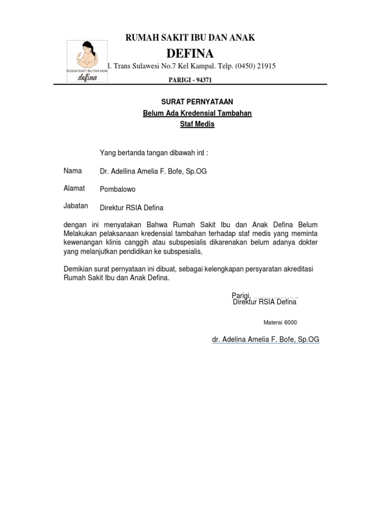 RSIA Defina Belum Beri Kredensial Tambahan Staf | PDF
