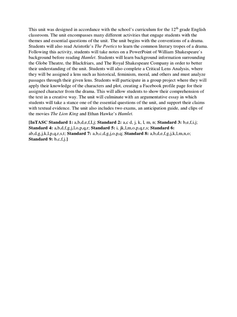 12th Grade English Drama Unit Plan | PDF