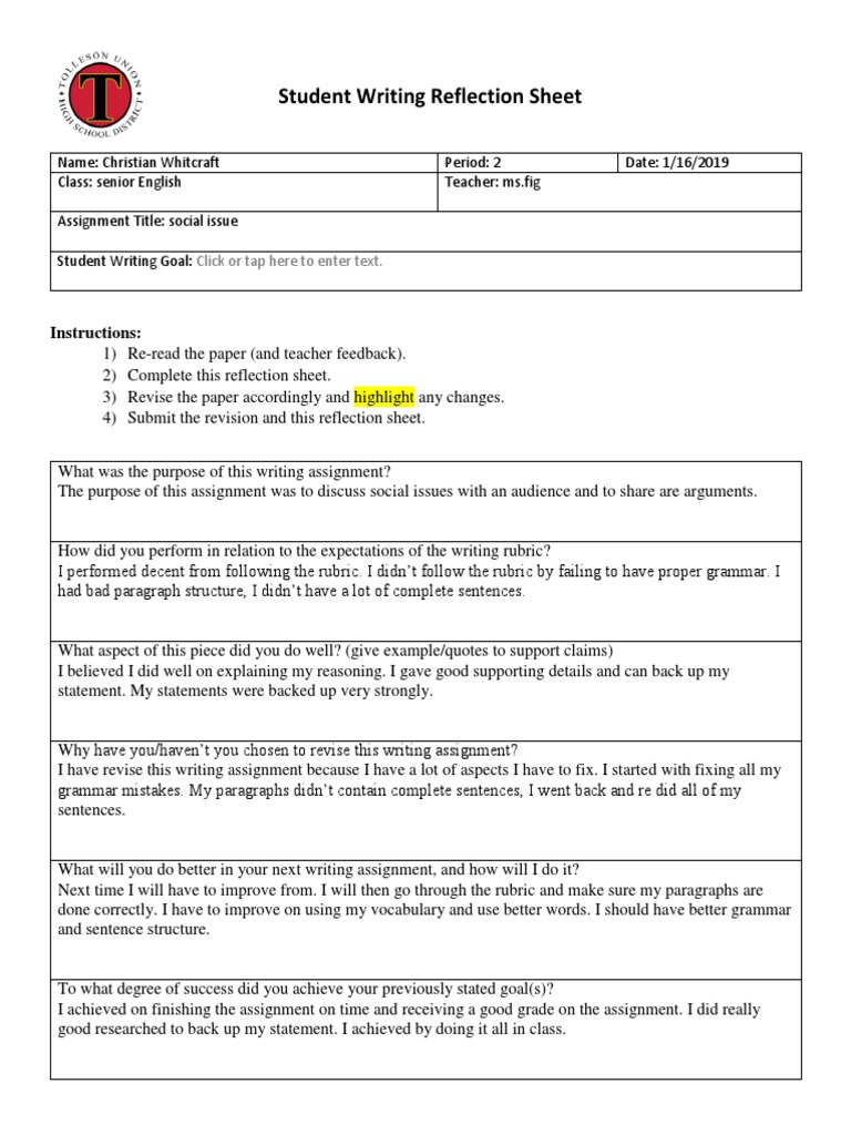 Student Writing Reflection and Revision Guide | PDF