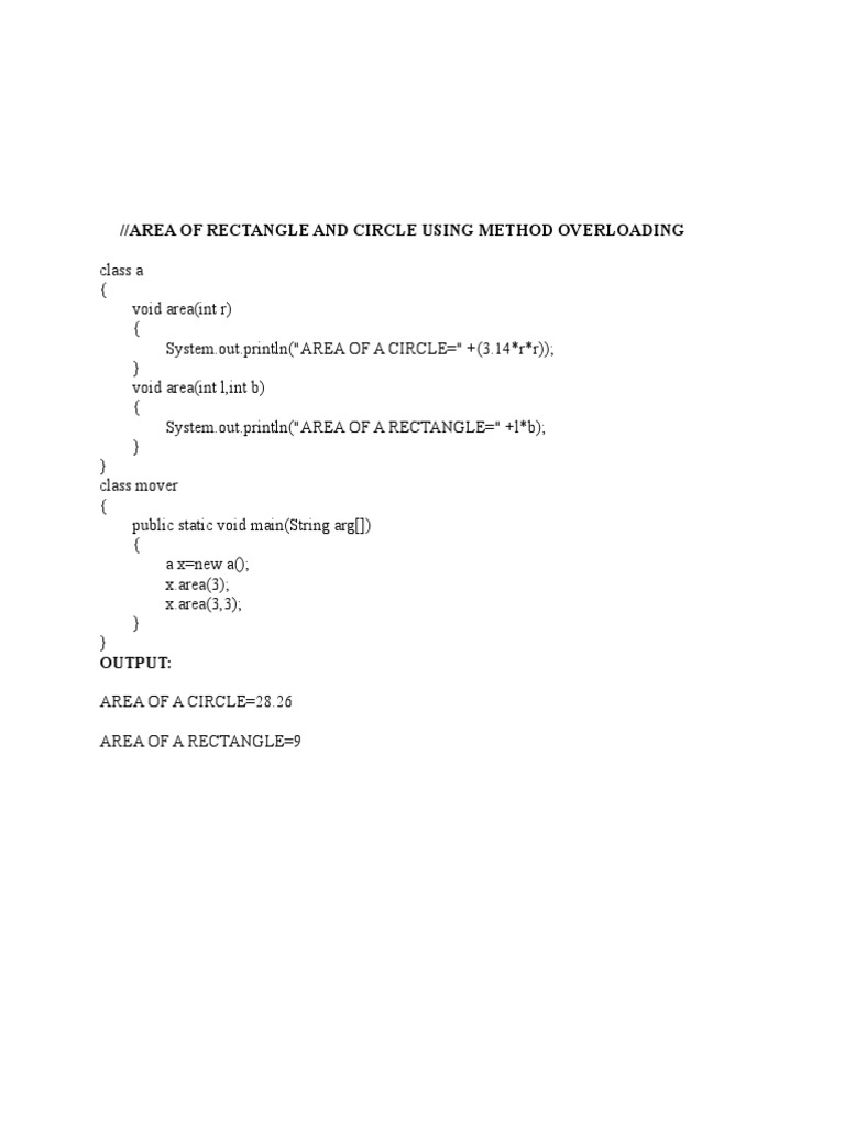 area of Rectangle and Circle Using Method Overloading | PDF | Models Of Computation | Computer ...