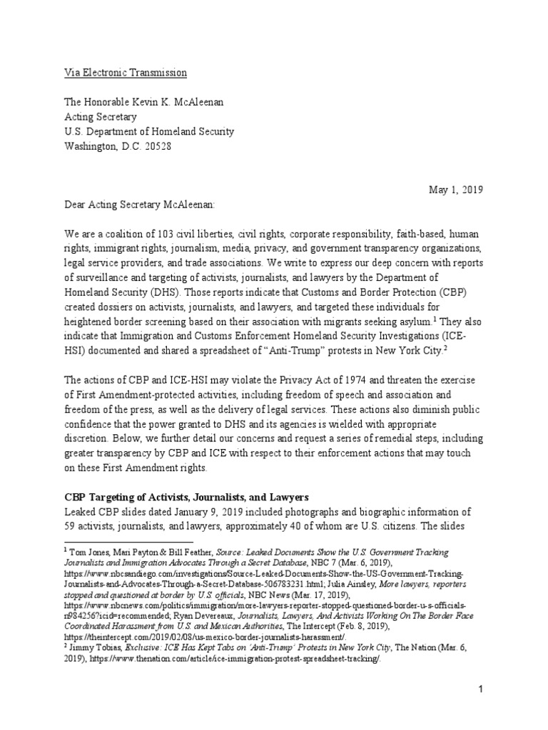 Coalition Letter to DHS Opposing Surveillance of Activists, Journalists ...