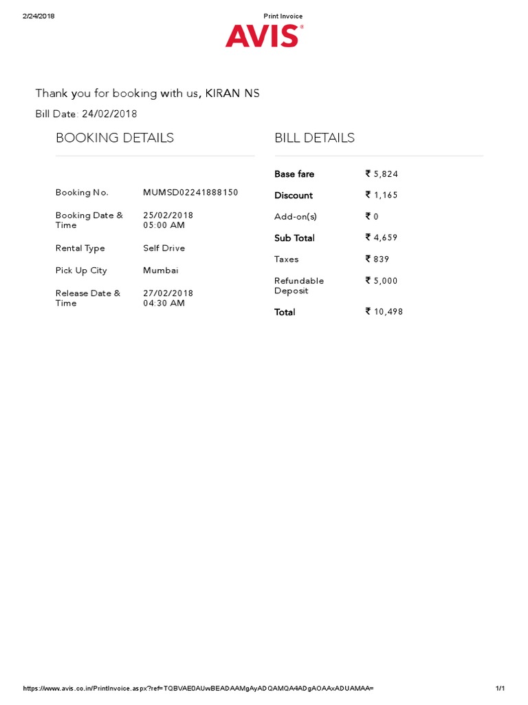 Invoice for Self-Drive Booking | PDF