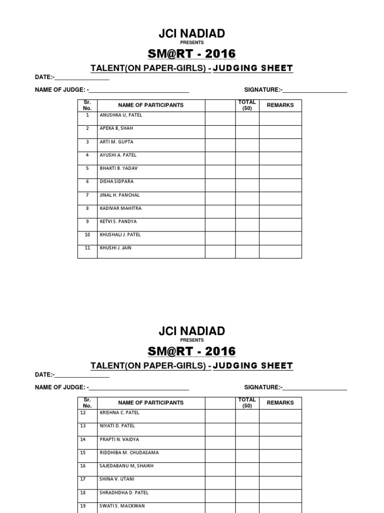 JCI Nadiad Talent Judging Sheet | PDF