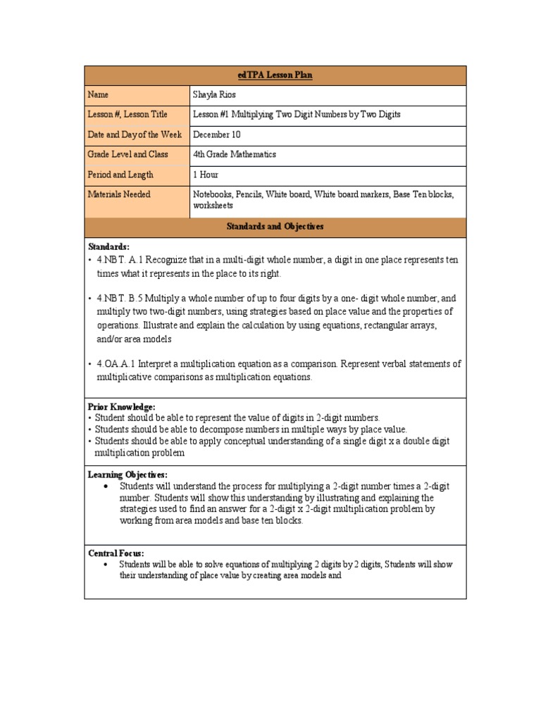 Edtpa Lesson Plan | PDF | Educational Assessment | Multiplication