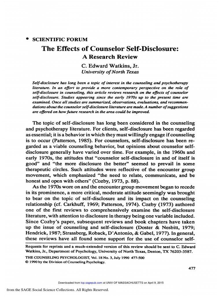 The Effects of Counselor Self-Disclosure | PDF